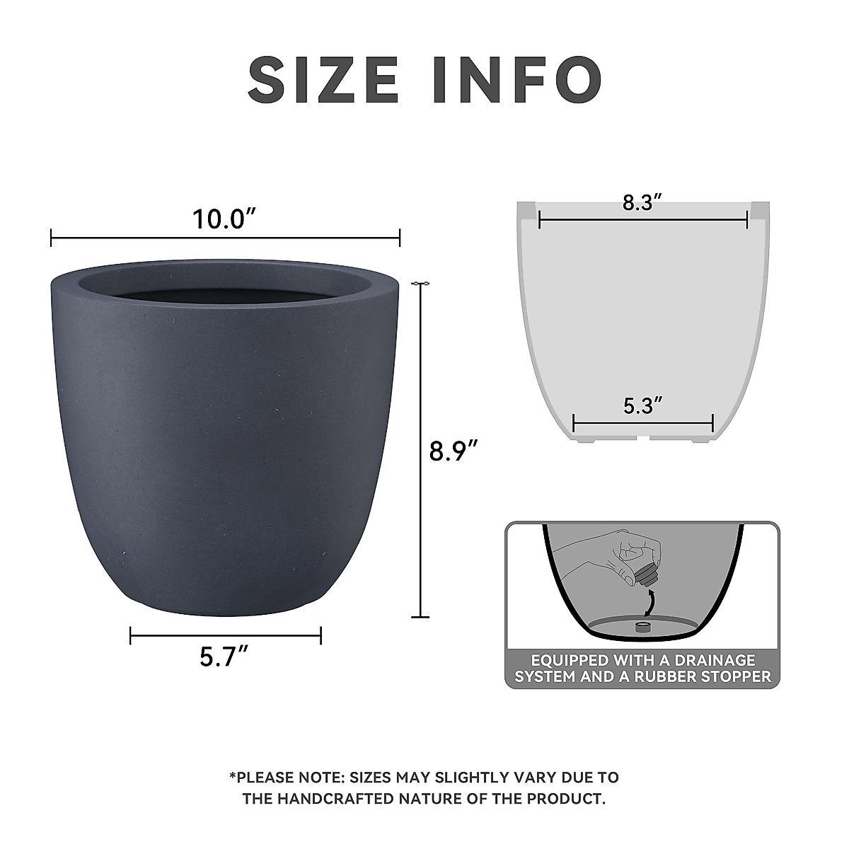 Kante 10 Inch Dia Round Concrete Planter, Indoor Outdoor Large Plant Pot with Drainage Hole and Rubber Plug for Home Patio Garden, Charcoal