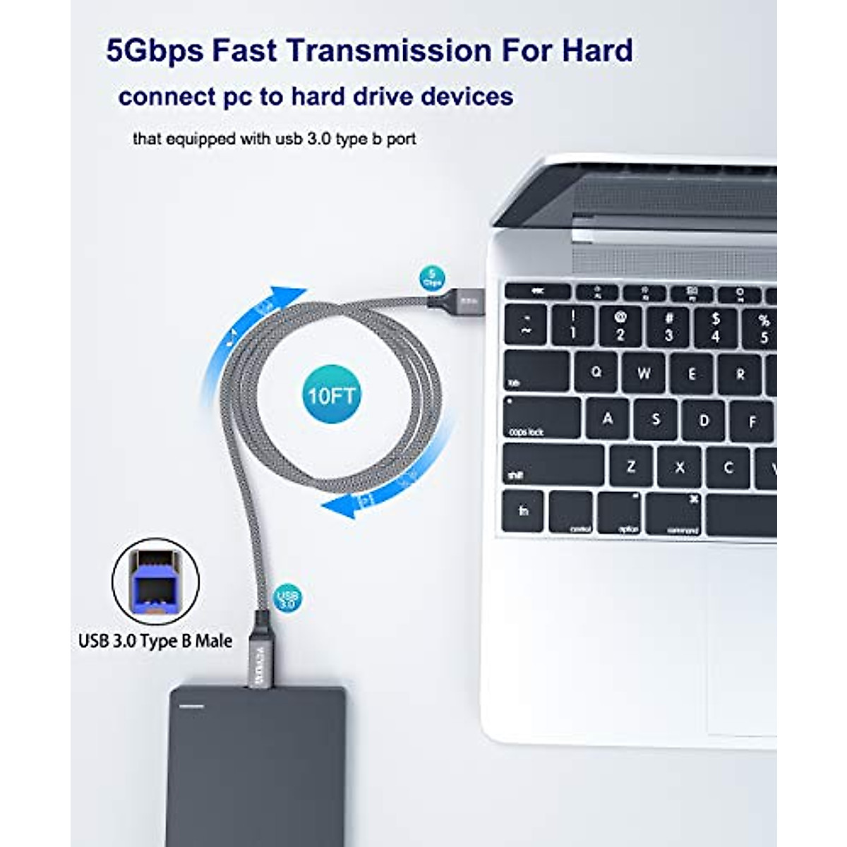 USB A to USB B 3.0 Cable (10FT), AkoaDa Durable Nylon Braided Type A to B Male Cable Compatible with Printers, Monitor, Docking Station, External Hard Drivers, Scanner, USB Hub and More Devices(Grey)