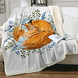 Sleepwish Watercolor Sleeping Fox Throw Blanket Red Fox Sherpa Blanket Watercolor Animals Art Reversible Soft Fleece Blanket for Couch Sofa and Bed Throw(50"x60")