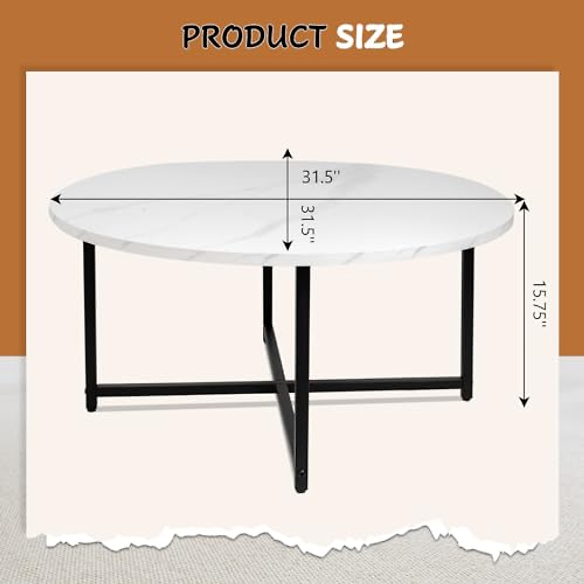 TOYSINTHEBOX Round Coffee Table Modern Coffee Table Sofa Table Tea Table for Living Room, Office Desk, Balcony, Wood Desktop and Metal Legs, White Marble, 31.5"