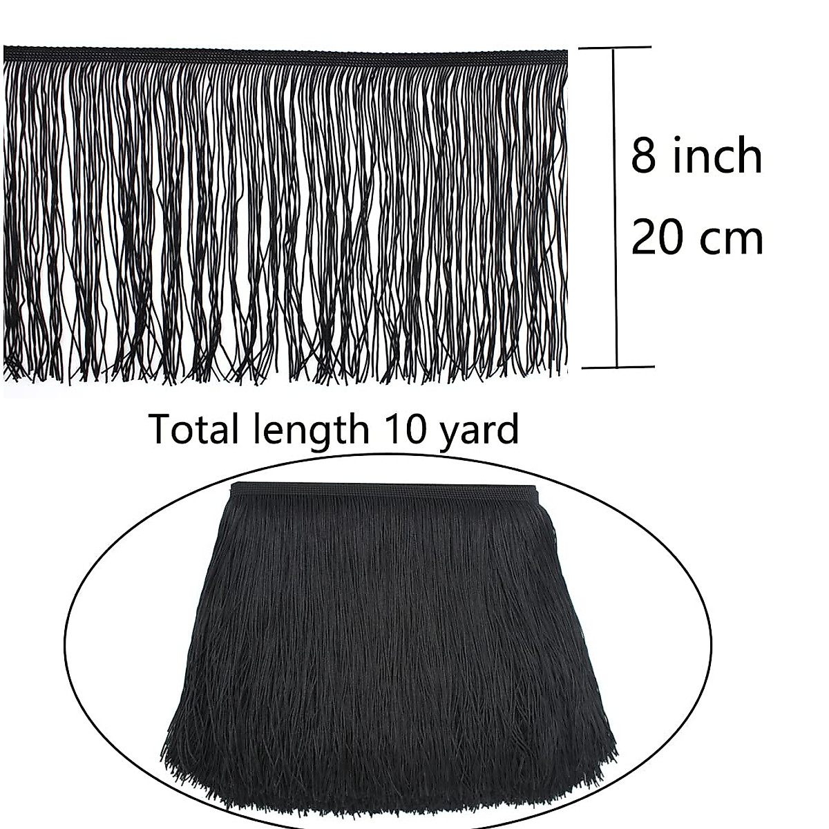 8 Inch Width Black Fringe Trim 10 Yards Long Tassel Sewing Trim for DIY Craft Clothing and Dress Decoration (Black)