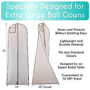My Big Fat Bridal Bag - Garment Bag for Extra Large Wedding Gowns and Dresses - 72" x 24" with 32" Gusset