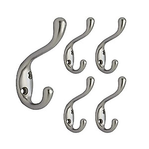 QCAA Heavy Duty Coat and Hat Hook Hanger, 3-3/8", Zinc Die Cast, Satin Nickel, 5 Pack, Made in Taiwan