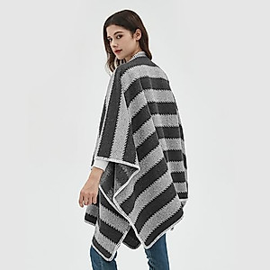 PuTian Merino Wool Shawl and Wrap Scarf for Women - Thick Warm Washable Wearable Blanket Heavyweight Pashmina Poncho Cape for Fall Winter Cold Weather, Stripe Gray
