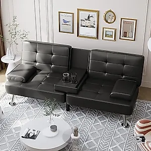 Shahoo Convertible Folding Futon Sofa Bed Sleeper Couch for Living Room Faux Leather Upholstered Loveseat w/Removable Armrests, Metal Legs, 2 Cup Holders, Black