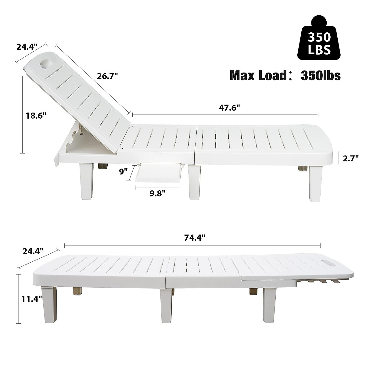 LUCKYERMORE Outdoor Chaise Lounge, Patio Lounge Chairs for Outside, 74" Pool Lounge Chairs wih 4 Level Adjustable Backrest, 350lbs Weight Capacity Plastic White Pool Furniture, Waterproof