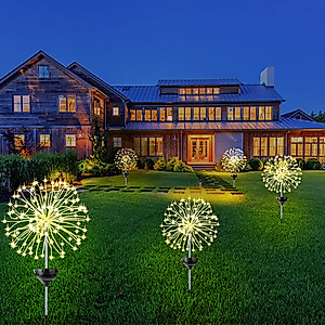 Honche Solar Garden Lights Outdoor Waterproof, LED Firefly Starburst Firework Light for Pathway Patio Lawn Backyard Flowerbed Party Christmas Decorations with 120 LEDs 8 Mode 2 Pack Warm White Round