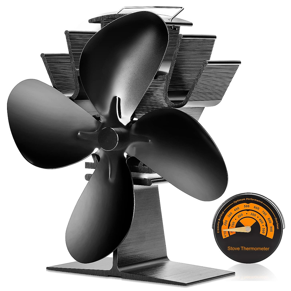 CWLAKON Wood Stove Fan Heat Powered - Upgrade Designed Silent Operation 4 Blades with Stove Thermometer, Fireplace Fan for Gas/Pellet/Wood Burning Stove-Eco Friendly and Efficient Heat Distribution