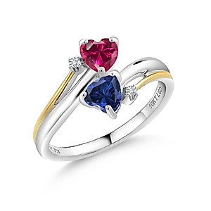 Gem Stone King 925 Silver and 10K Yellow Gold Red Created Ruby Blue Created Sapphire and Lab Grown Diamond 2 Heart Promise Couple Engagement Mother Ring (1.12 Cttw, Available In Size 5, 6, 7, 8, 9)
