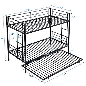 EMKK Twin Over Twin Metal Bunk Bed with Trundle Heavy Duty Bunk Beds Frame with 2 Side Ladders Convertible Bunkbed with Safety Guard Rails,Triple Metal Bunk Bed Frame, No Box Spring Needed