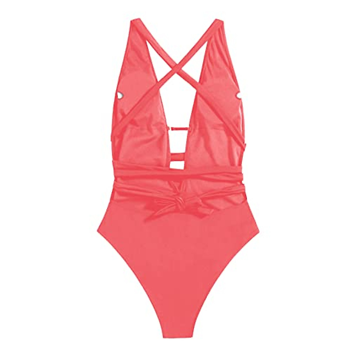 SweatyRocks Women's Sexy Basic Criss Cross Tie Knot Front Deep V Open Back One Piece Swimwear Watermelon Pink S