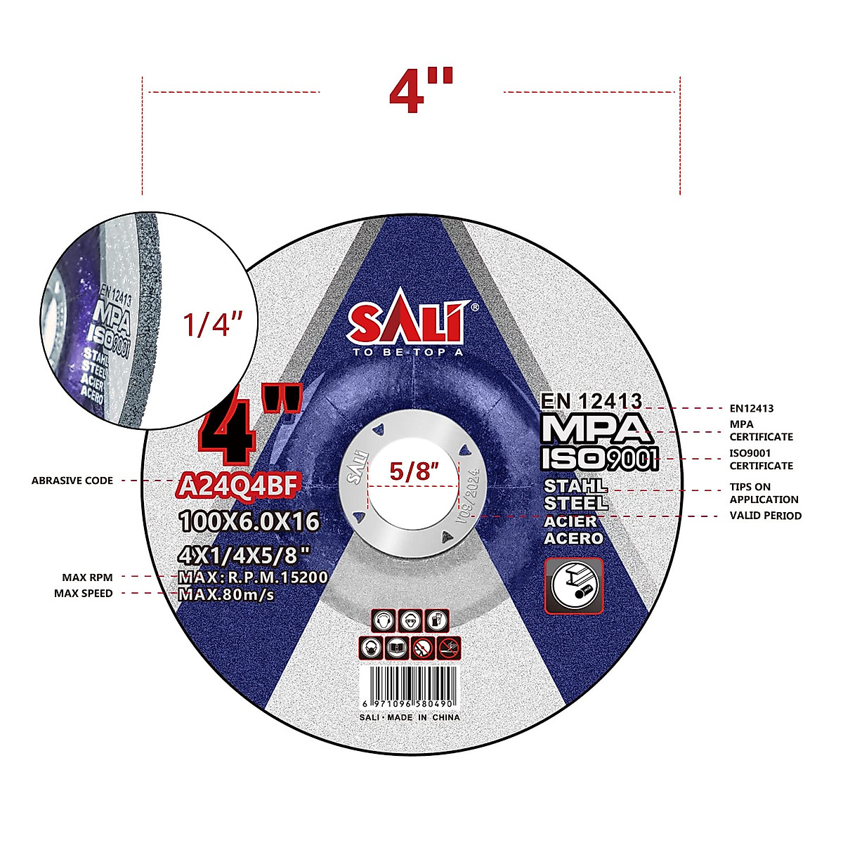 SALI 25 Pack 4 Inch Grinding Wheels for General Purpose Metal & Stainless Steel, Aluminum Oxide Grinding Disc for Angle Grinder, Depressed Center 4" * 1/4" * 5/8"(100 * 6.0 * 16 mm)