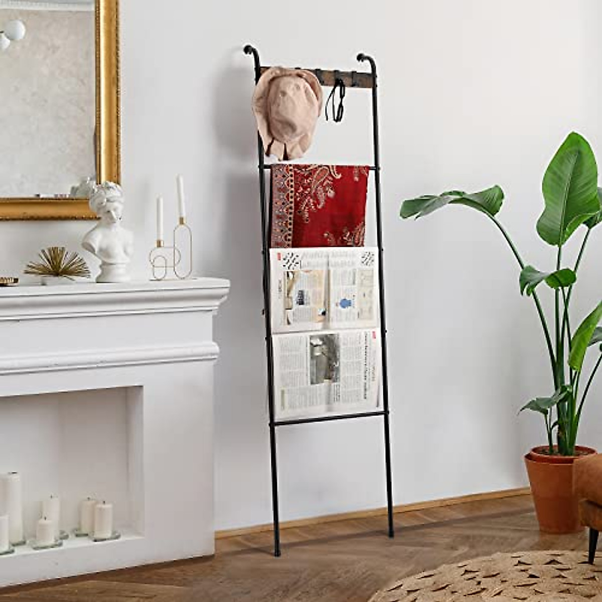 Blanket Ladder Metal Black Blanket Holder with Hooks Leaning Towel Rack Blanket Ladders for The Living Room Bathroom Bedroom (Matte Black)