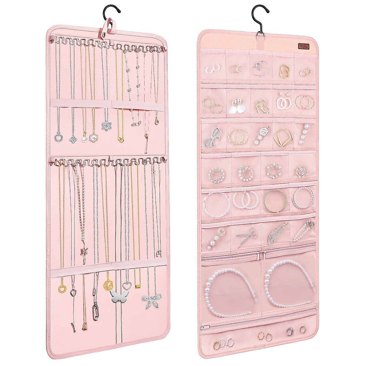 Sopito Hanging Jewelry Organizer, Foldable Jewelry Holder Organizer Dual-Sided with Hanger Metal Hooks for Necklaces Rings Earrings