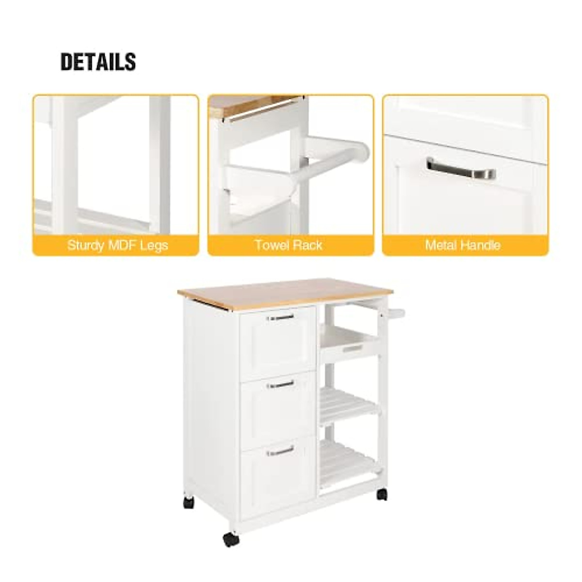 AKVOMBI Rolling Kitchen Island Cart with Wood Countertop, White Kitchen Trolley Carts on Wheels with 3 Drawers, Towel Rack, Adjustable Shelves