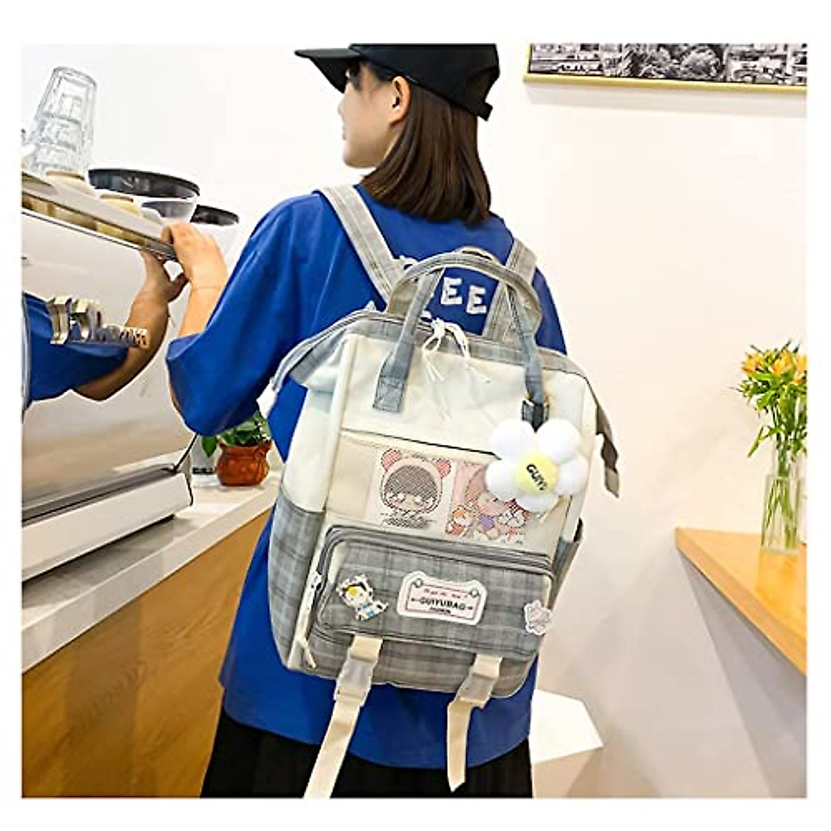 5pcs Kawaii Backpack Set For Teens Cute Backpack with Pins and Pendant Aesthetic Girls Trendy Tote Bag (Grey)