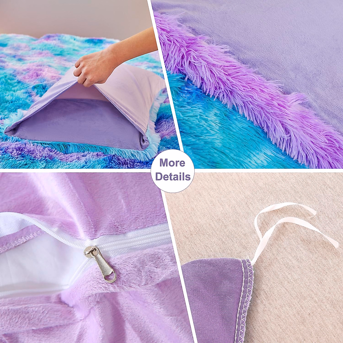 SUCSES Blue Purple Fluffy Twin Bedding Sets for Girls 3Pcs Faux Fur Plush Shaggy Kids Duvet Cover Set Twin Size Tie Dye Velvet Furry Comforter Cover Set (Blue Purple, Twin)