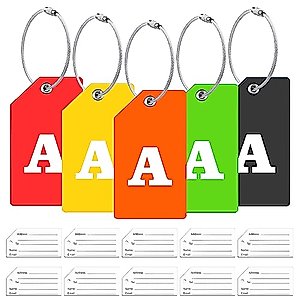 5Pack Initial Silicone Luggage Tag with 10 Name ID Cards Perfect to Quickly Spot Luggage Tags for Suitcases Partial Privacy Cover & Stainless Steel Loops for Secure Fastening (A)