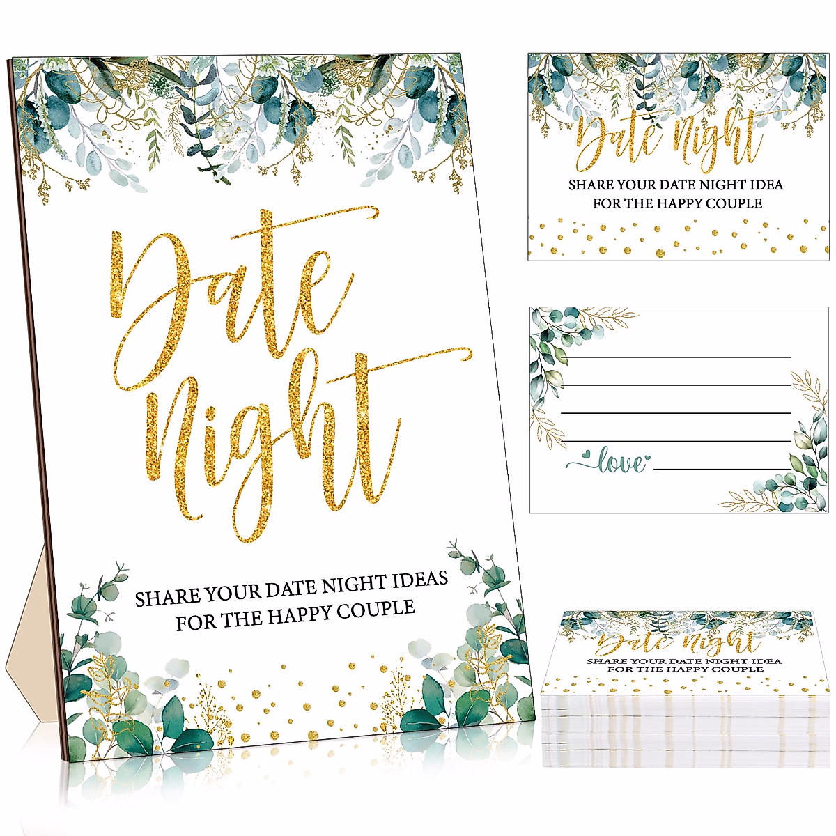 Wesiti 51 Pieces Eucalyptus Leaves Bridal Shower Games Date Night Game Sign and 50 Cards Greenery Bridal Shower Bachelorette Games Supplies Wedding Shower Games