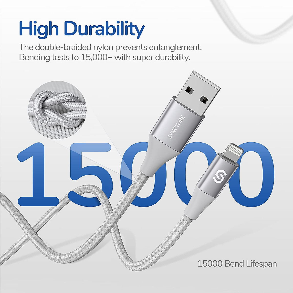 SYNCWIRE iPhone Charger Cable 10ft, [Apple MFi Certified] Long Lightning to USB Cable Double Braided Nylon iPhone Cord Compatible with iPhone 13 12 Mini 11 Pro Max XS XR X 8 7 6 Plus, Silver, 10 Foot