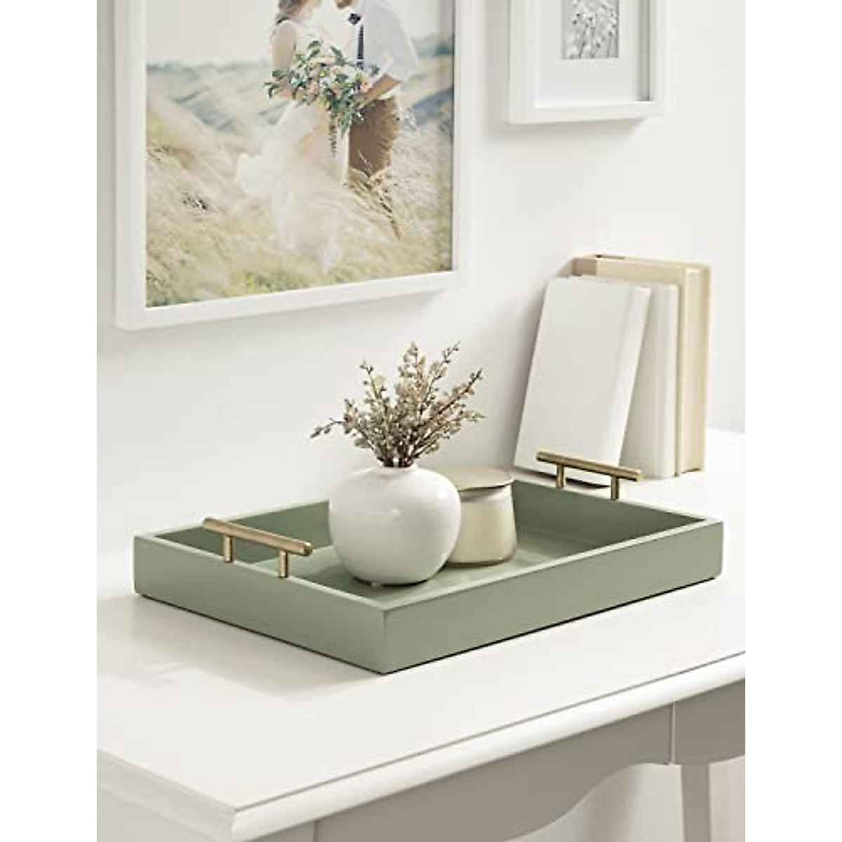 Kate and Laurel Lipton Decorative Modern Rectangular Tray, 16.5 x 12.25, Sage Green with Gold Handles, Chic Serving Tray for Storage, Organization, and Display