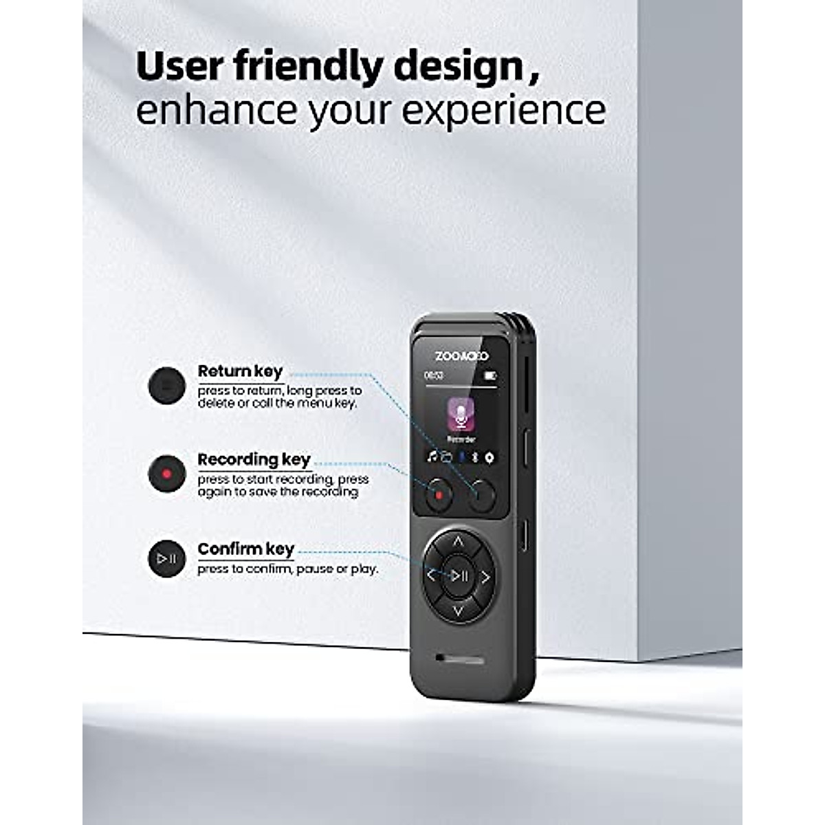ZOOAOXO 64GB Digital Voice Recorder, Bluetooth Voice Recorder, Dual Microphone, 3072 kbps HD, A-B Repeat, Recording Monitoring, Noise Reduction, Voice Activated Recording