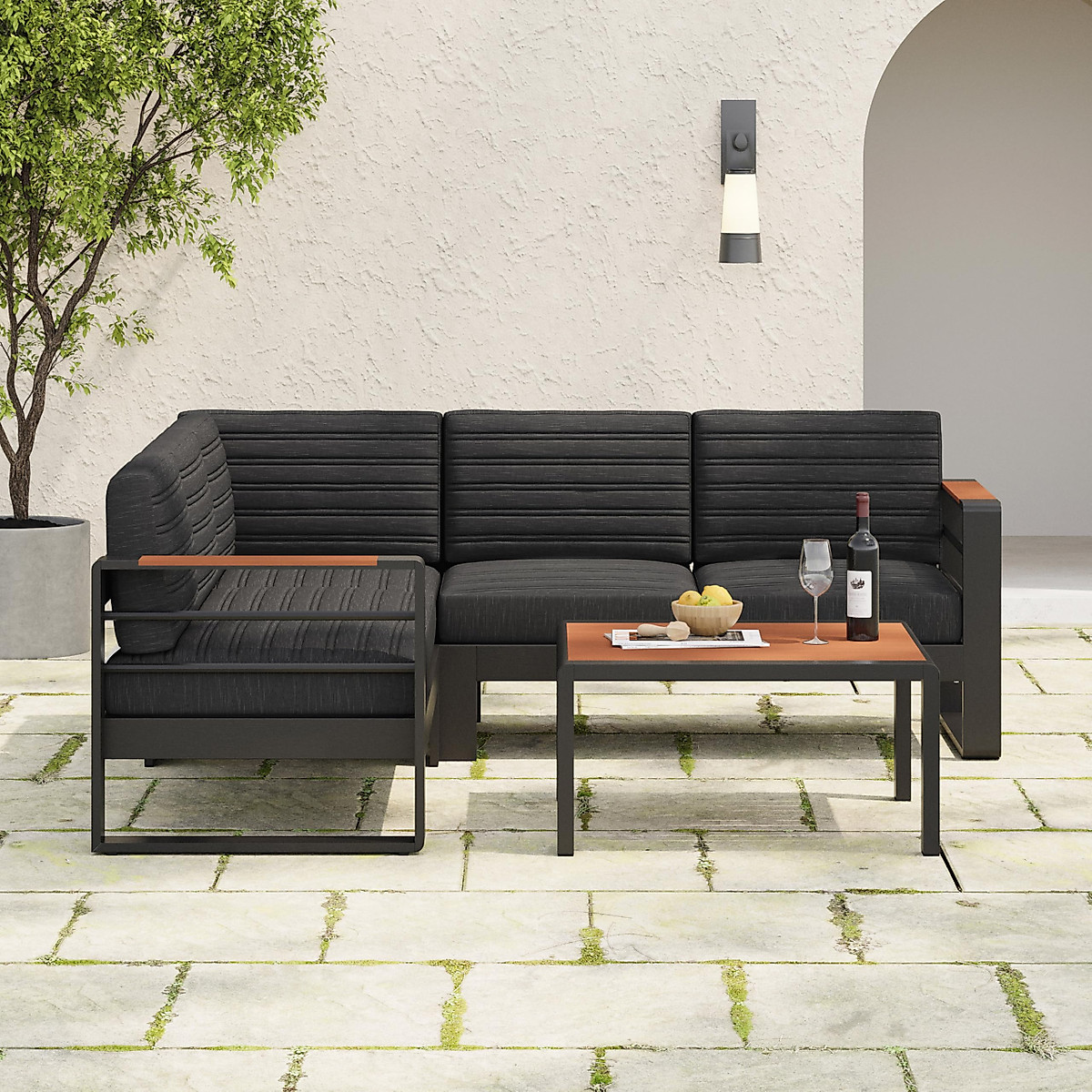 Christopher Knight Home Sornsa Outdoor Aluminum Frame Sets, Outdoor Sectional Sofas with Table Set, Aluminum Frame Sofas Sets, Polywood Accents Seating Patio Furniture Conversation Sets, Black