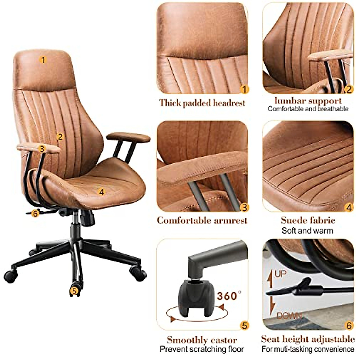 ovios Home Office Desk Chairs Computer Office Chair Modern Ergonomic Desk Chair High Back Suede Fabric Desk Chair for Executive or Home Office (Brown)