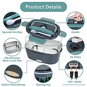 Herrfilk Electric Lunch Box Food Warmer Portable Food Heater for Car & Home - Leak proof, Lunch Heating Microwave for Truckers with Removable Stainless Steel Container 1.5 L, 110V/12V[Upgraded]