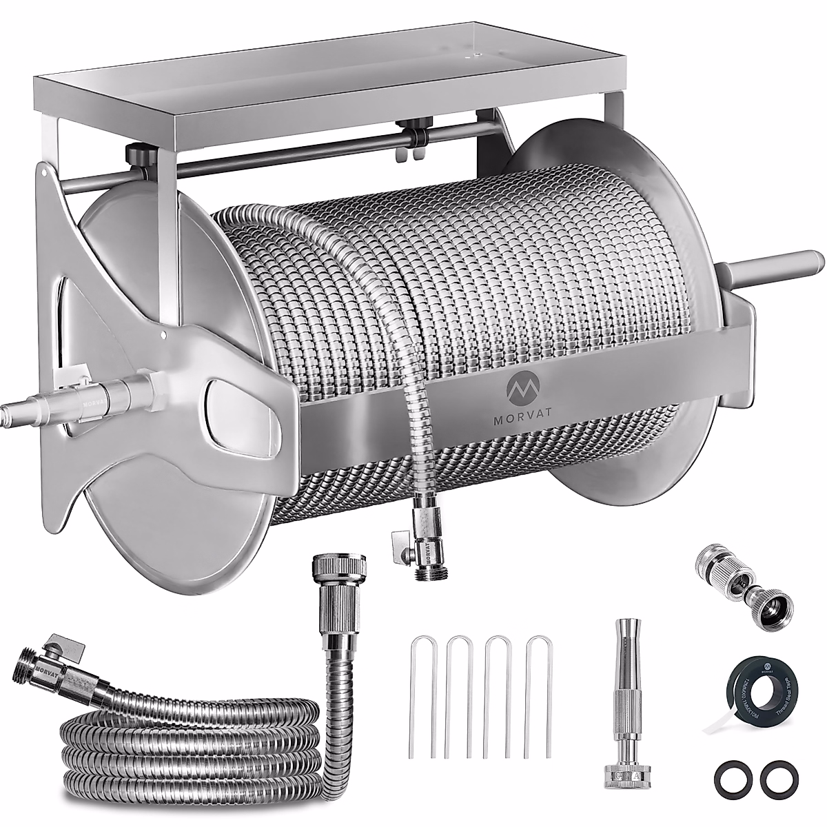 Morvat Stainless Steel Garden Hose Reel 150FT Hose Capacity Retraceable With Crank Handle, Heavy Duty Wall/Floor Mounted Water Hose, Includes 100FT Stainless-Steel Hose with On/Off Valve & Nozzle