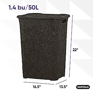 Laundry Hamper With Lid Lace Design 50 Liter - Brown Laundry Hamper Basket With Cutout Handles, Rectangular Shape Modern Style Bin - Dirty Cloths Storage. By Superio