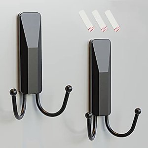 RICHER HOUSE Black Double Wall Hooks for Hanging, 2 Pack Removable Adhesive Coat Hooks with 3 Strips, Organize Damage-Free Sticky Hooks, Utility Hooks Hanging Heavy Duty for Coat, Towel, Hat, Key