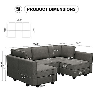 Belffin Sectional U Shaped Sofa Small Reversible Chaise Sectional Couch Convertible Ottoman Modular Sofa Couch Grey