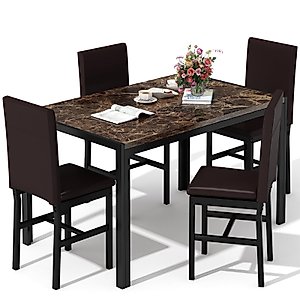 Recaceik Dining Table Set for 4, Kitchen Table and Chairs for 4, Faux Marble Dinner Table Set with 4 Upholstered PU Leather Chairs, Dining Room Table Set for Kitchen Dining Room (Brown)