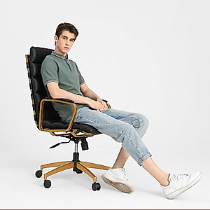 LUXMOD Office Chair, high Back Desk Chair for Removable Cover and Lumbar Support, Black Executive Chair, Ribbed Office Chair with Leather, Ergonomic Office Chair Leather Black