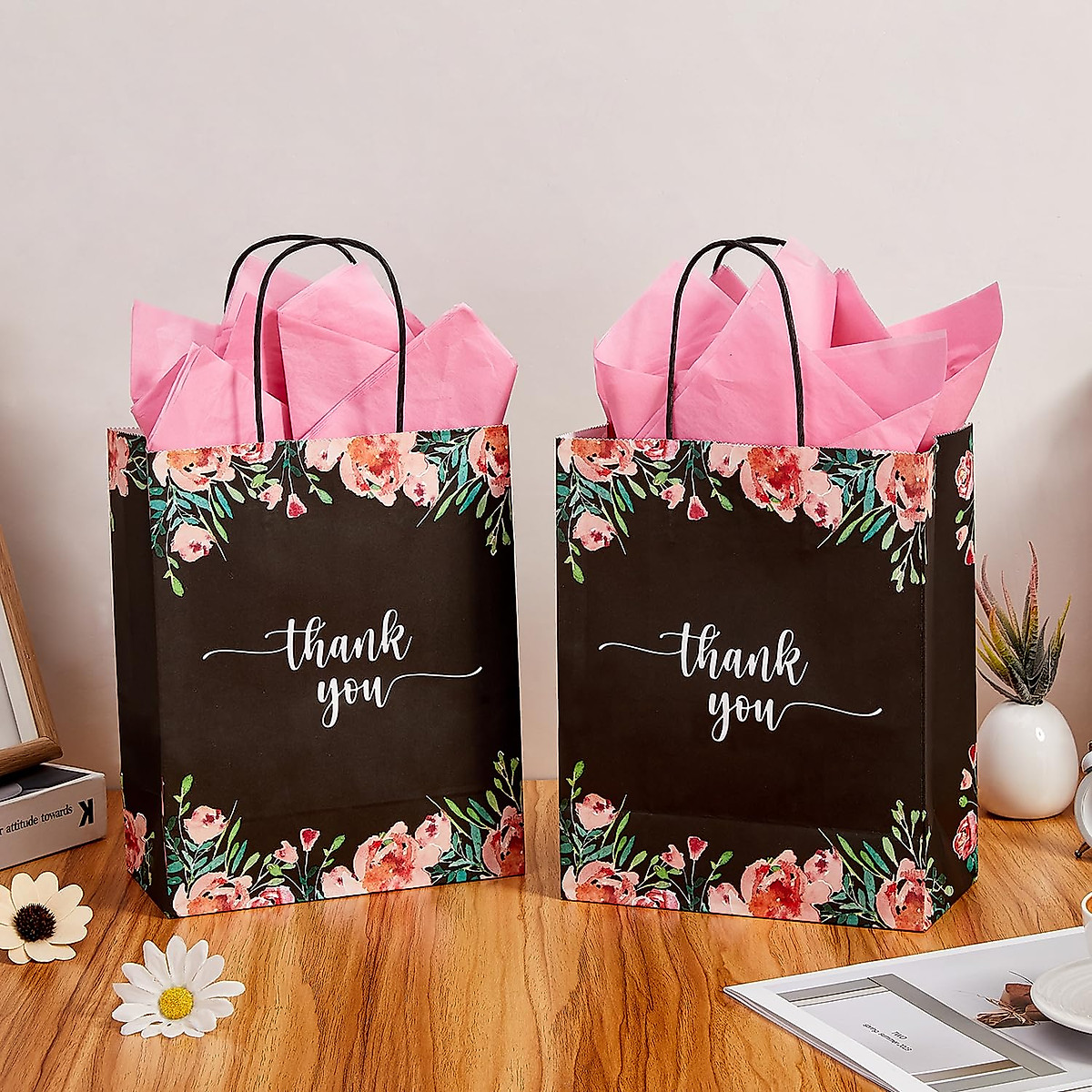 DjinnGlory 50 Pack Medium-Sized Floral Thank You Paper Gift Bags with Handles and Pink Tissue Paper for Boutiques, Weddings, Bridal Showers, Birthday Parties, 10x8x4 Inch (Black & Floral)