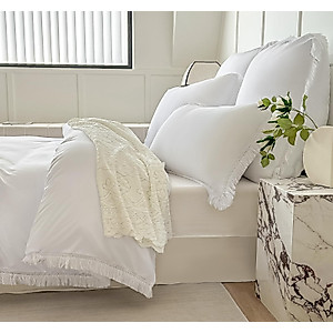 Amolavet White Duvet Cover Queen Size Boho Tassel Ultra Soft Lightweight Brushed Microfiber Queen Duvet Cover 3 Pieces Set 1 Duvet Cover 90x90 with Zipper Closure + Corner Ties and 2 Pillow Shams