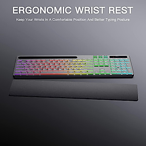 Soueto Wireless Keyboard with 7 Colors & 4 Modes RGB Backlit, Ergonomic Keyboard with Wrist Rest, Phone Tablet Holder, 2.4G Light Up Computer Keyboard with Numeric Keypad for Mac, Windows