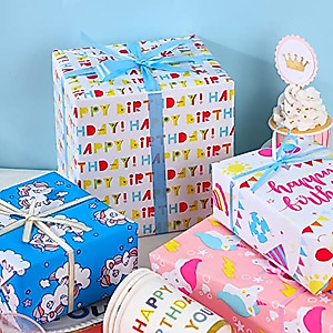 WRAPAHOLIC Birthday Wrapping Paper Roll - Unicorn Rainbow Pony Pink Blue with Cut Lines - 4 Rolls - 30 inch X 120 inch Per Roll