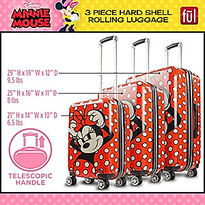 FUL Disney Minnie Mouse 3 Piece Set Rolling Luggage, Polka Dot Printed Hardshell Suitcase with Wheels, 21, 25 and 29 Inch, Red (FCFL0153-603)