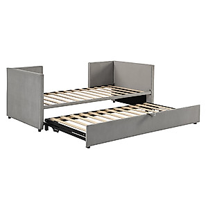 CITYLIGHT Velvet Extendable Daybed Frame Twin to King Design, Twin Daybed with Pop up Trundle, Upholstered Sofa Bed Daybed with Wood Slat Support for Bedroom, Living Room, Gray