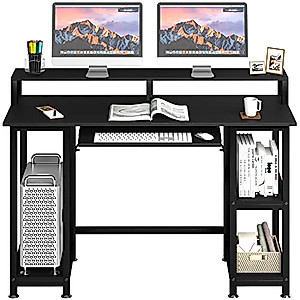 JSungo Small Computer Desk with Monitor Stand, 47 Inch Home Office Desk with 2 Tier Storage Shelf for Small Space, Sturdy Writing Gaming Table with Keyboard Tray and CPU Shelf, Black