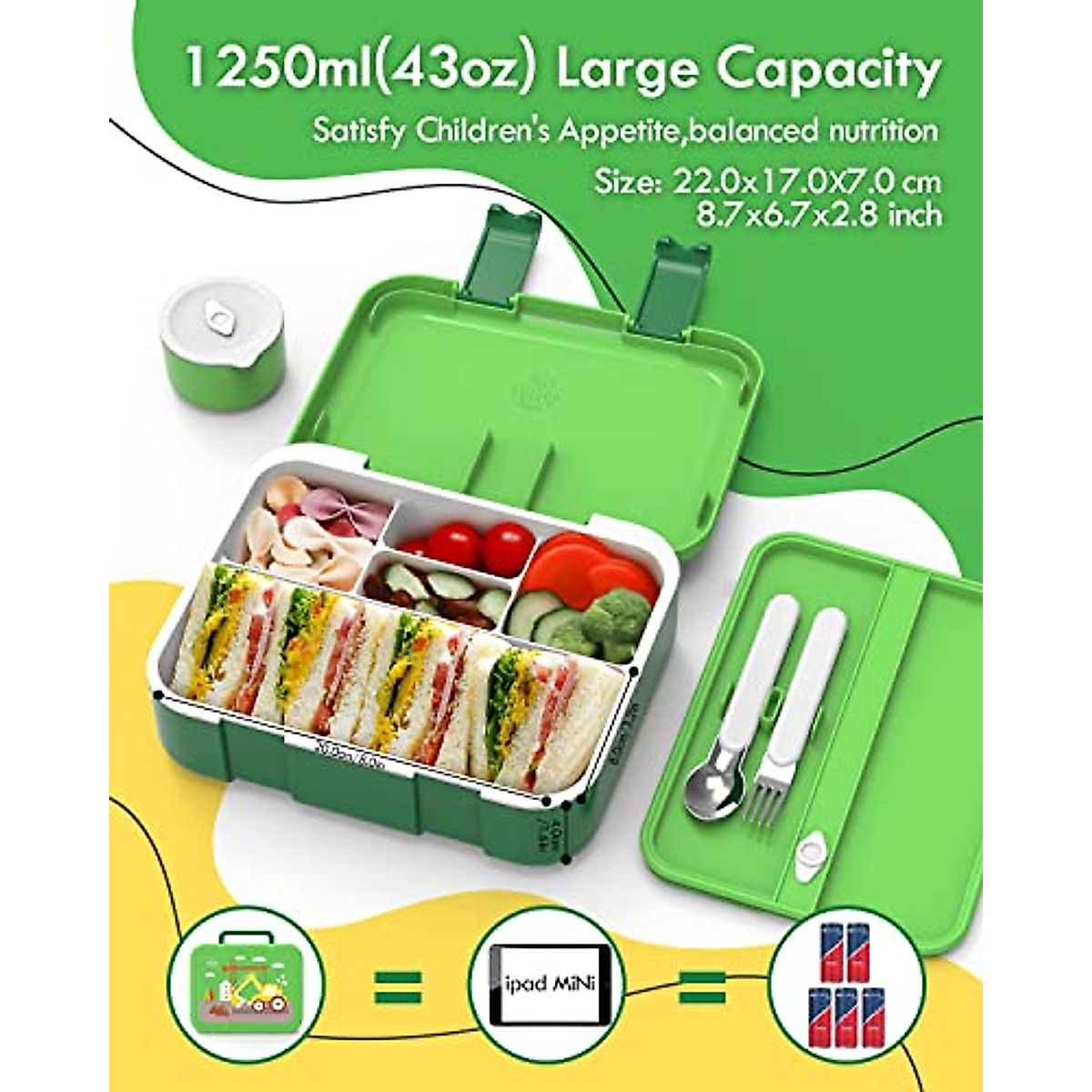 Lehoo Castle Bento Lunch Box for Kids, 1250mL Lunch Box for Boys with 5 Compartments, Kids Lunch Container with Utensil - Included Spoon, Fork, Sauce Jar, Microwave and Dishwasher Safe