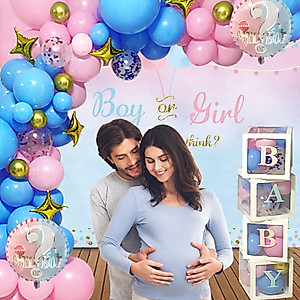 145pcs Baby Boxes Gender Reveal Balloon Decorations, Pink and Blue Balloon Garland Kit 4pcs Baby Boxes with Letters, Boy or Girl Backdrop for Gender Reveal Baby Shower Birthday Party Supplies