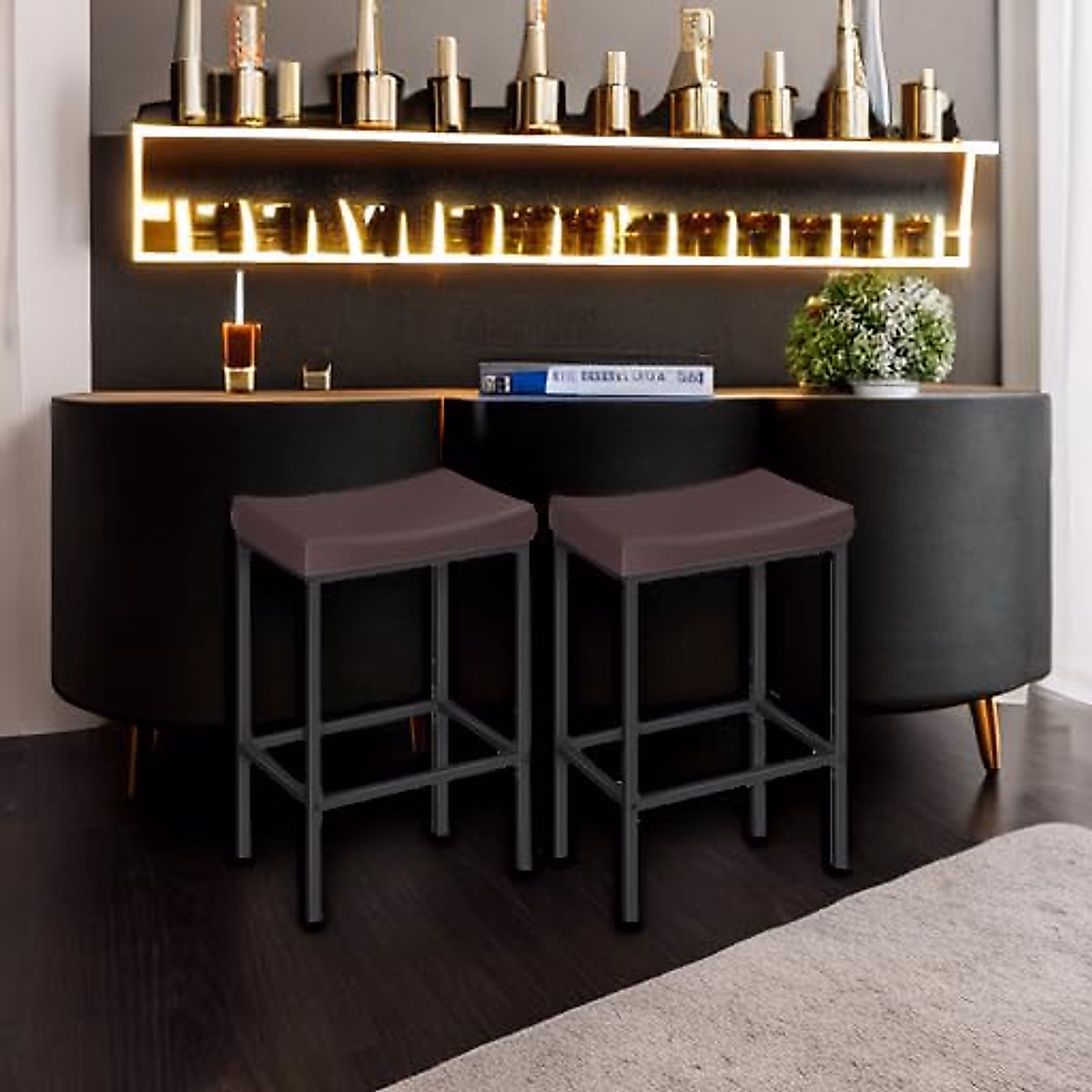 HOOBRO Bar Chairs, Set of 2 Counter Height Saddle Stools with Curved Surface, 24.8 Inches, 2.4" Thick Upholstery, for Kitchen and Dining Room, Brown and Black BC10BY01