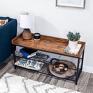 AVAFORT Two Layer Shoe Bench with PU Leather Padded Seat Top, Metal Frame, Rustic Brown