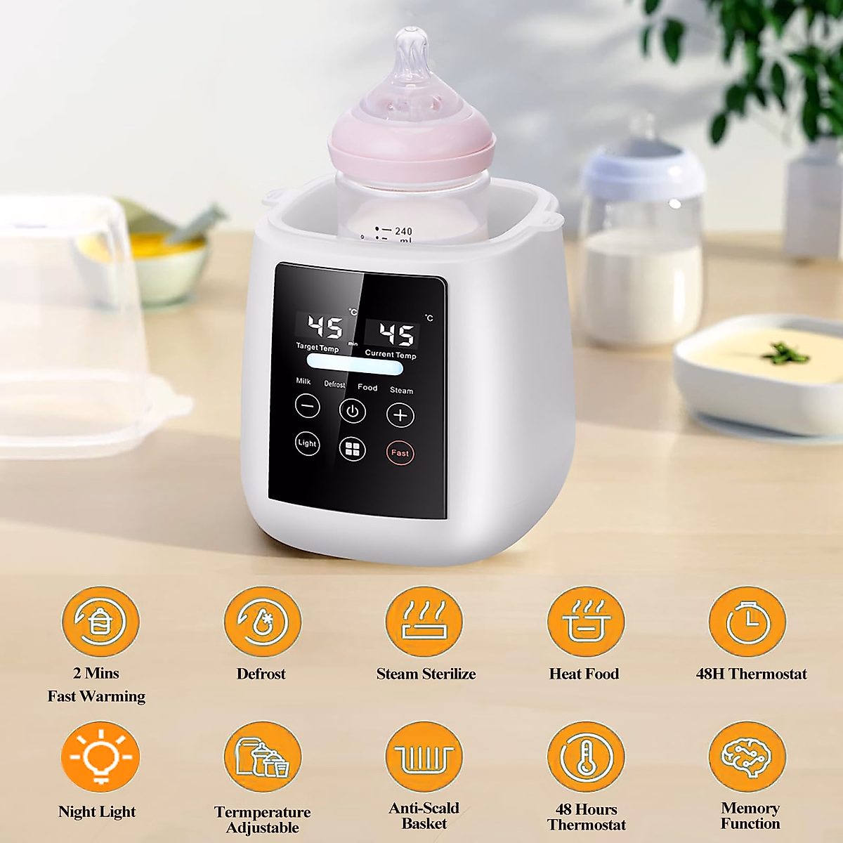 Baby Bottle Warmer, Fast Baby Milk Warmer with Accurate Temperature Control for Breastmilk or Formula, 48H Thermostat, with Defrost, Night Light, Heat Baby Food Jars Function