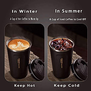Coffee Travel Mug Stainless Steel Insulated Coffee Cup Double Wall Vacuum Insulation Coffee Tumbler with Leakproof Screw Lid Reusable Thermal Cup for Hot / Iced Beverage -510ml/17oz, Black