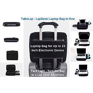 Portable Laptop Lap Desk & Sleeve in One | TaboLap Computer Sleeve Convertible to a Non-Slip LapDesk w/a Bottle Cup Holder & 2 Retractable Trays to Left/Right | 13 Inches | Black Neoprene