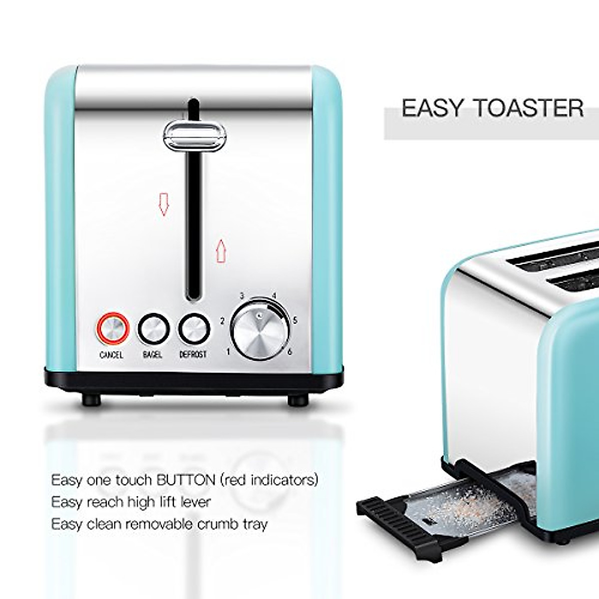 Toaster 2 Slice, Retro Small Toaster with Bagel, Cancel, Defrost Function, Extra Wide Slot Compact Stainless Steel Toasters for Bread Waffles, Blue